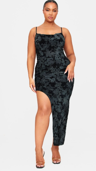 Plus Black Strappy Ruched Devore Midi Dress – DEXISTREND