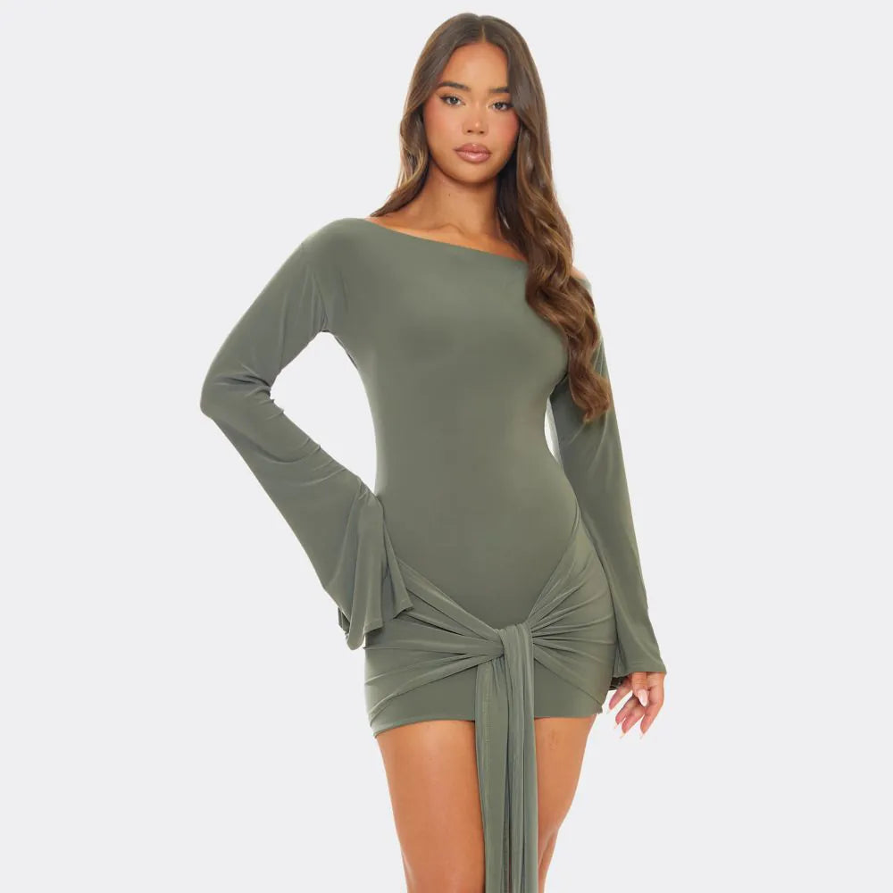 Long Flared Sleeve Drape Detail Mini Bodycon Dress In Khaki Slinky ...